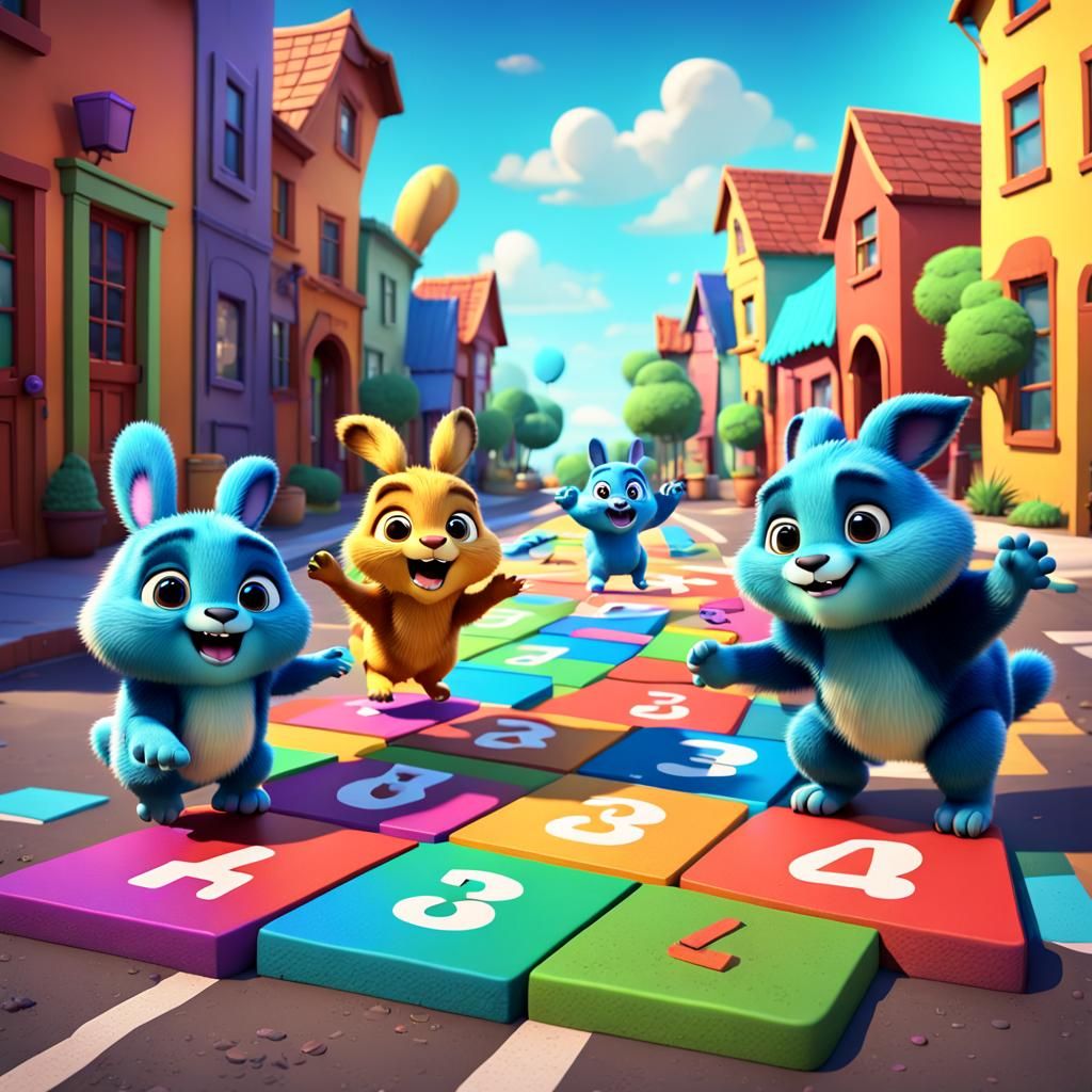 cute animals playing hopscotch, 3d - AI Generated Artwork - NightCafe ...