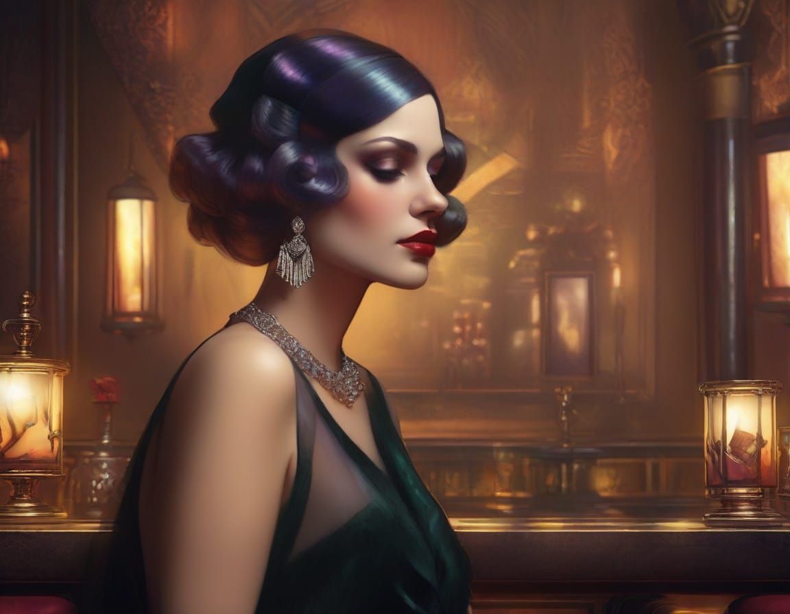 Gothic Art Deco Flapper in Speakeasy: Digital Pain... - AI Art