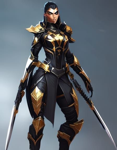 full body portrait of sleek elegant black mech female assassin, gold ...