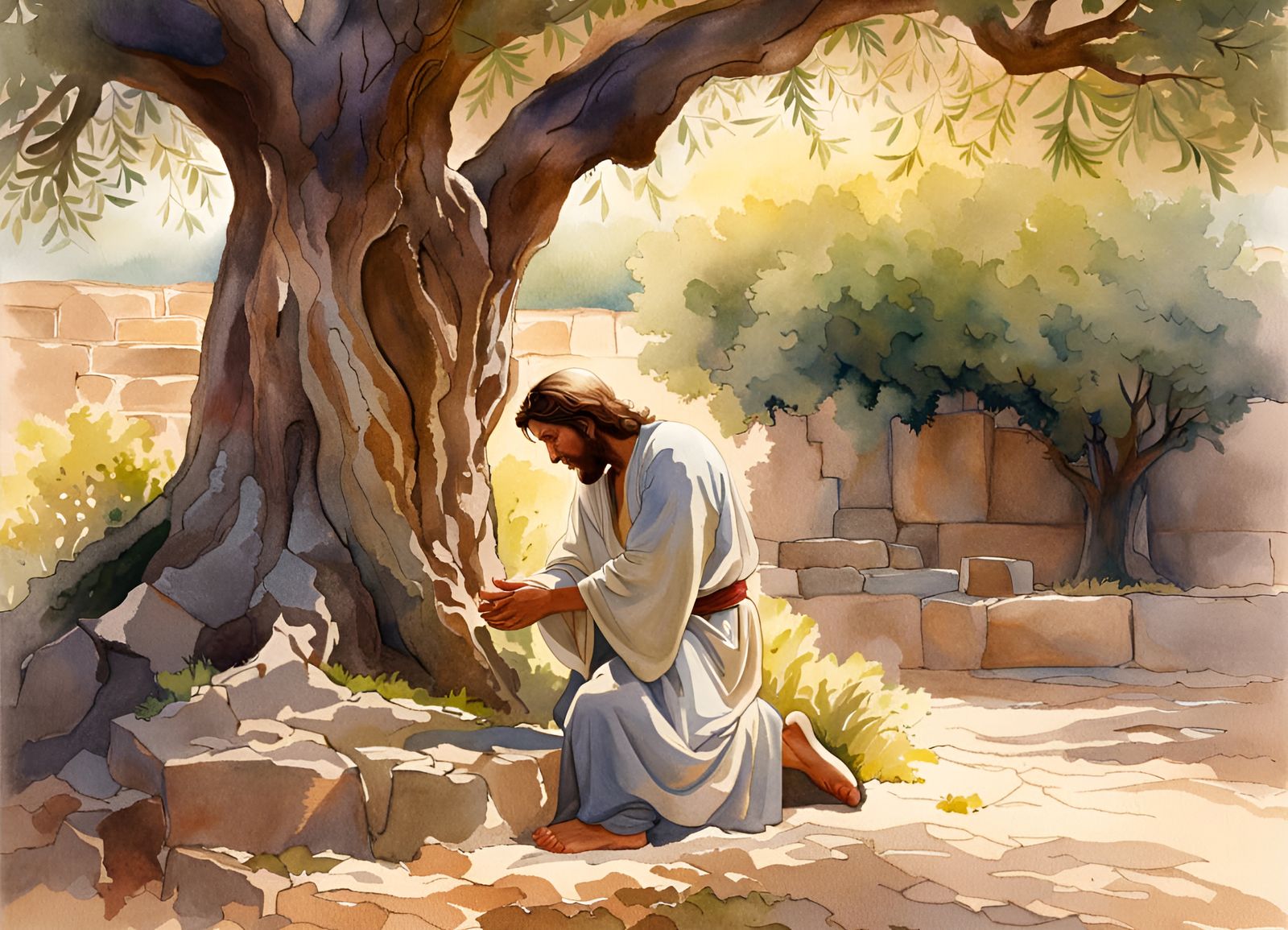 Jesus Kneeling and Praying under an Old Olive Tree - 1002 - AI ...