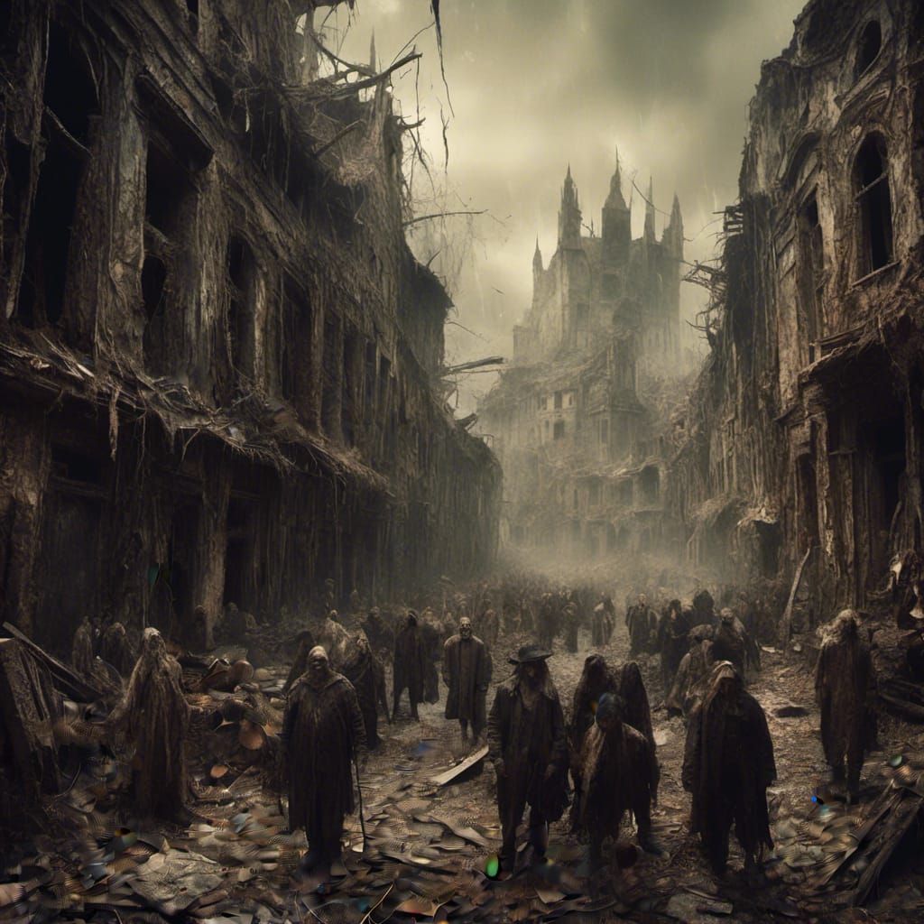 cartoony dark old style art: people are in a old city during an ...