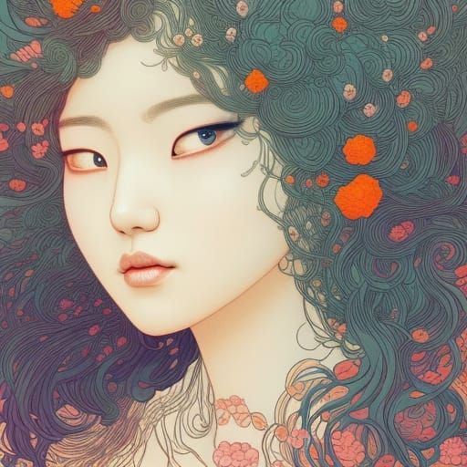 beautiful cute front portrait Korean ninfa, big long curly hair, herbs ...