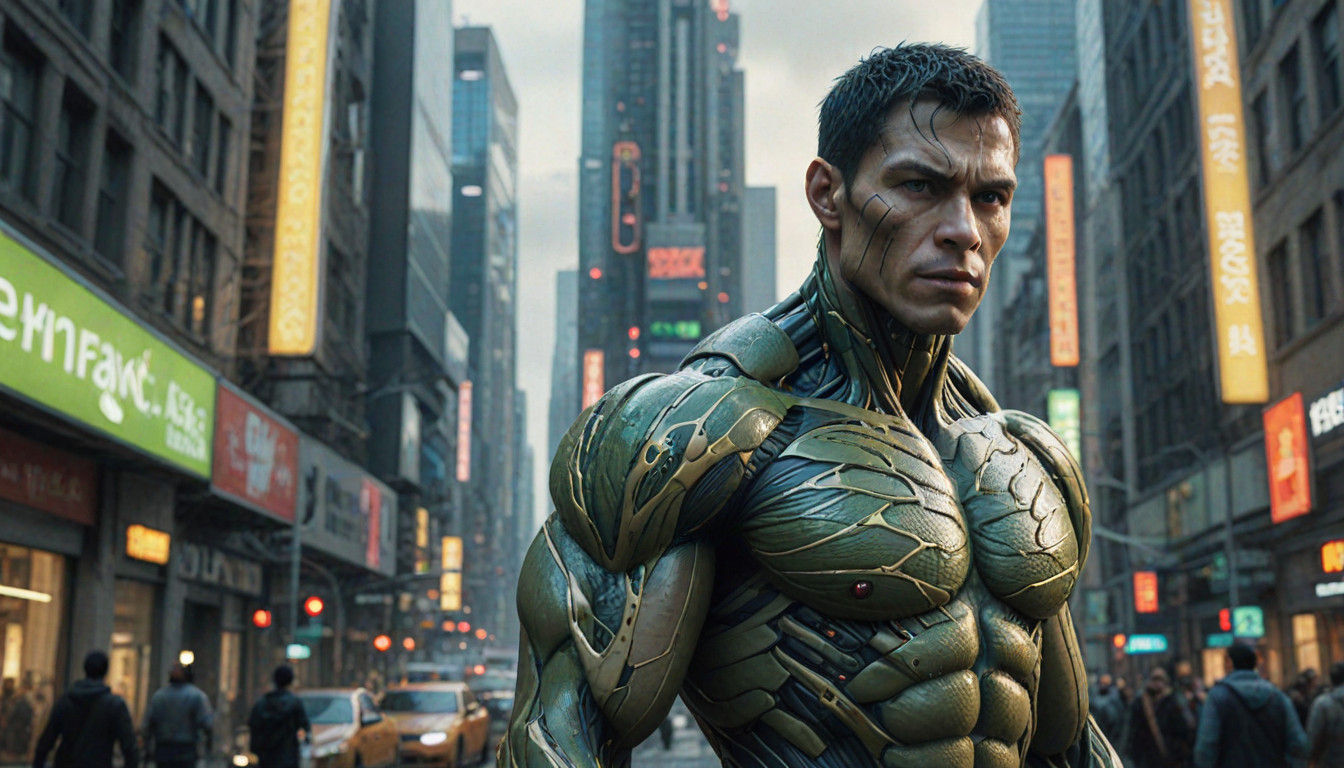 Evolved Human Dominates Futuristic Cityscape in Hy... - AI Art