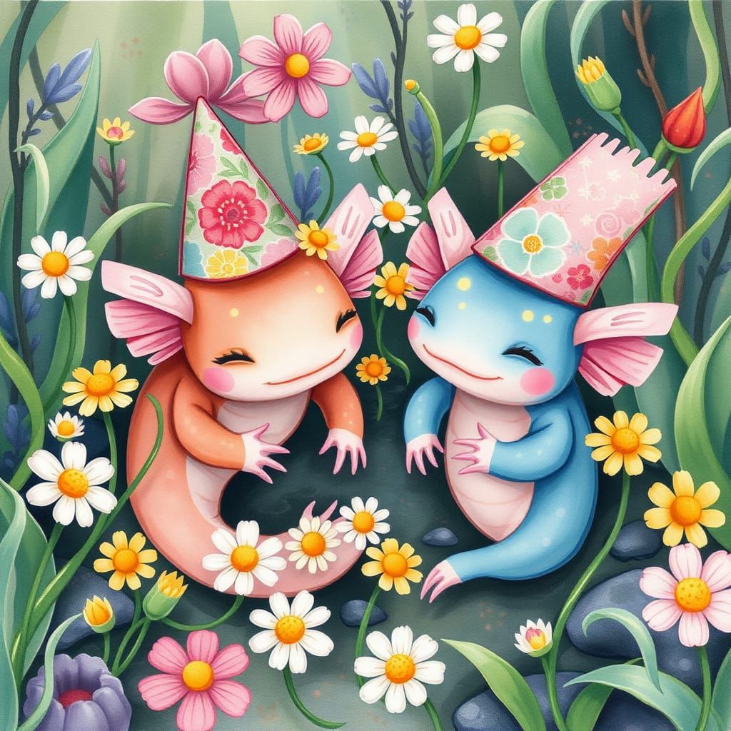 Cute axolotls - Axolotls in Whimsical Japanese Garden