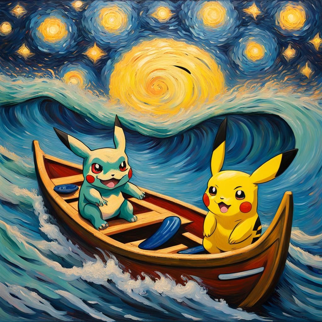 Bulbasaur and Pikachu sit in a boat surfing in the Kanagawa surf scene ...