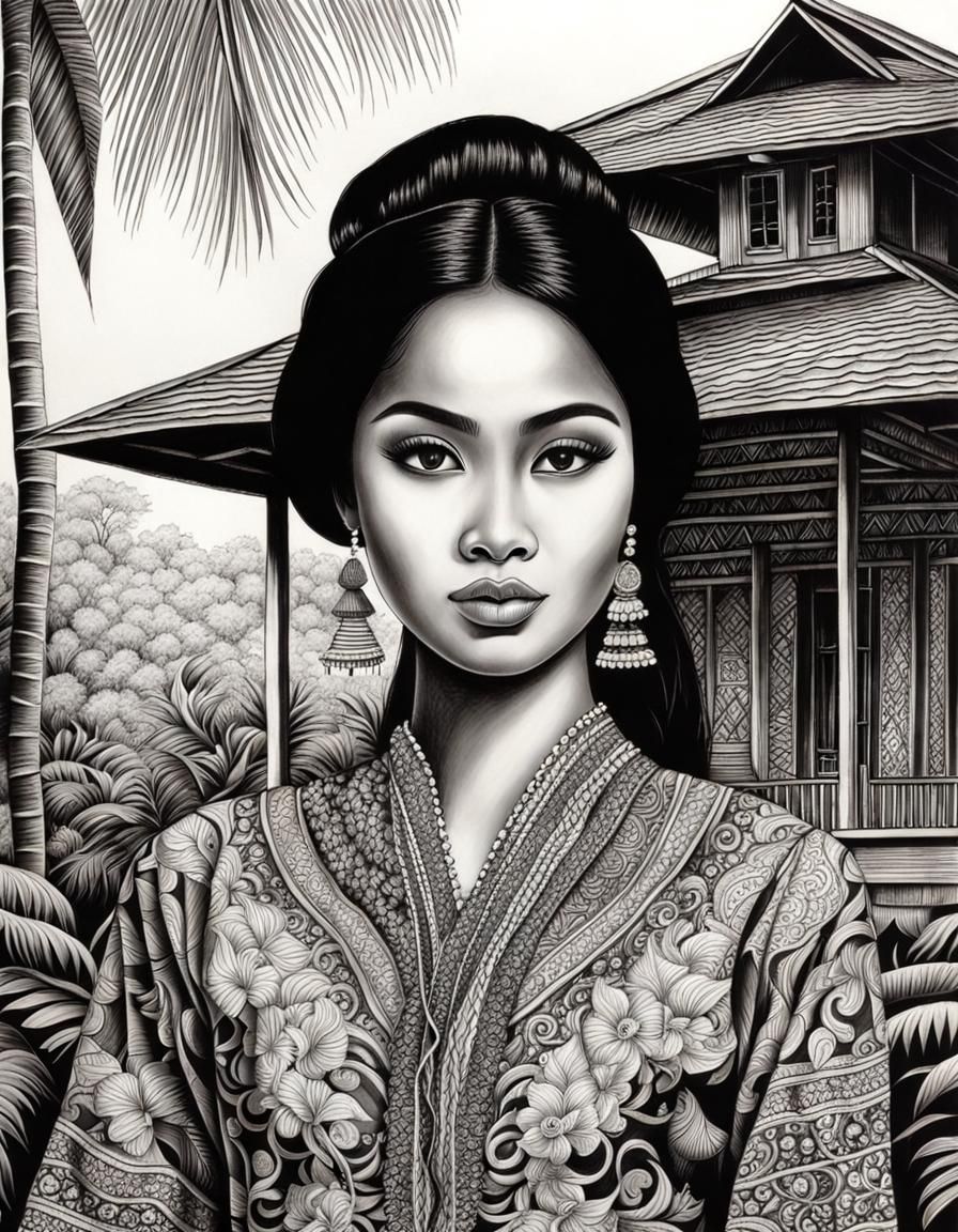 Charcoal drawing of Indonesian woman in traditional Javanese kebaya ...