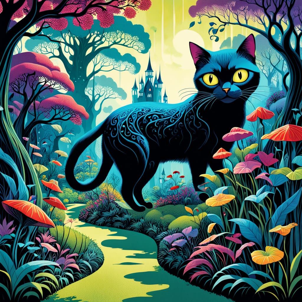 Fantasy Cat - Whimsical Fantasy Girl Surrounded by Vibrant G...