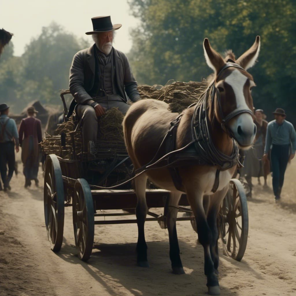 An old donkey drags a cart on which Arthur Schopenhauer rests dressed ...