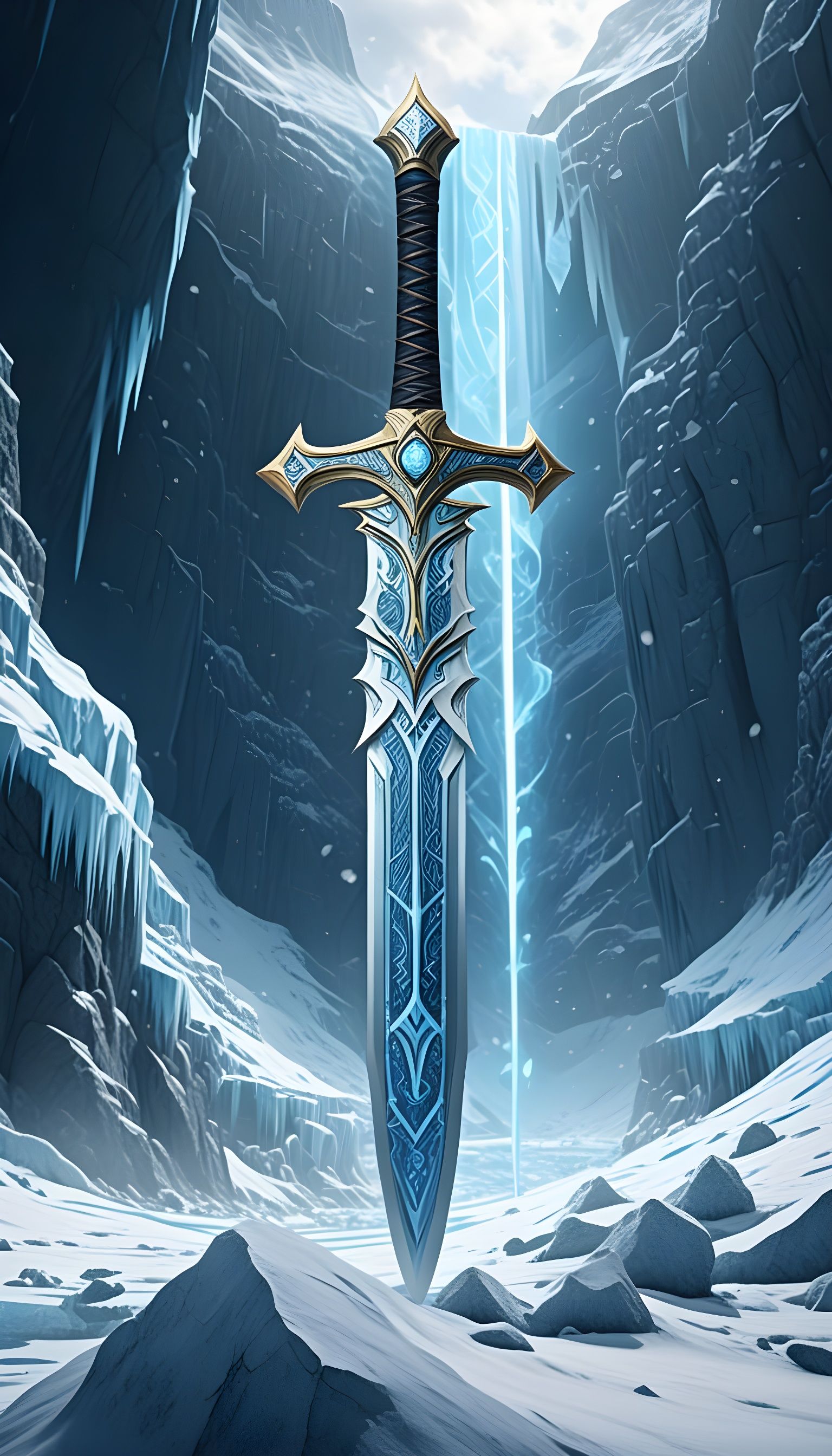 A hyper-realistic, magical elemental sword forged of air and ice in a ...
