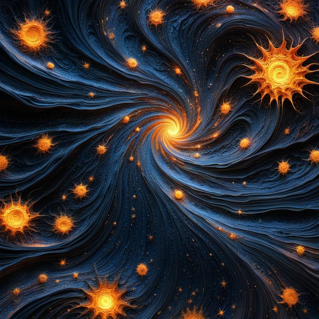 A starry nights made of molten iron, a masterpiece of modeling, magical ...