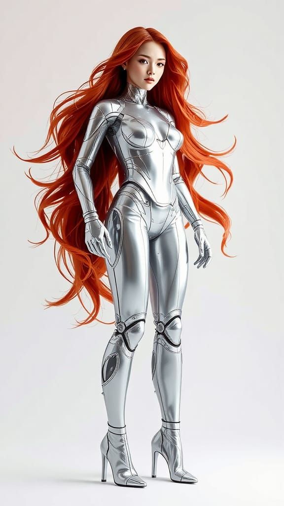 Gynoid with beautiful woman head, very long red hair and silver metalic ...