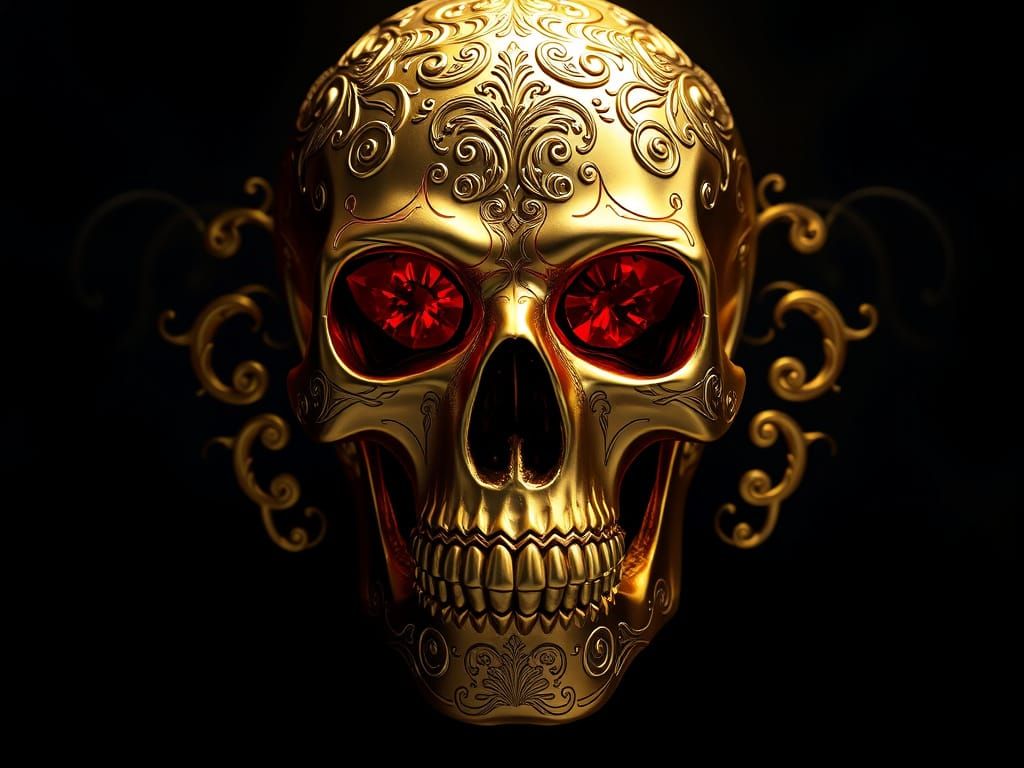 A gilded skull with red garnets in its eye sockets