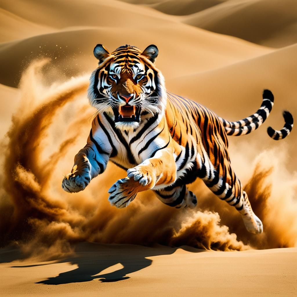 Majestic Ferocious tiger leaping our of sand storm, vivid colors on the ...