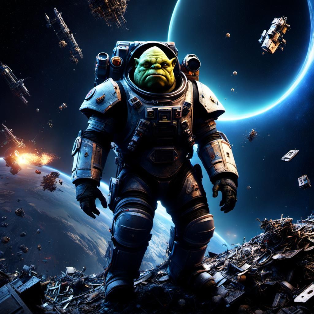 Confused Ogre in a space suit floating in space surrounded by space ...
