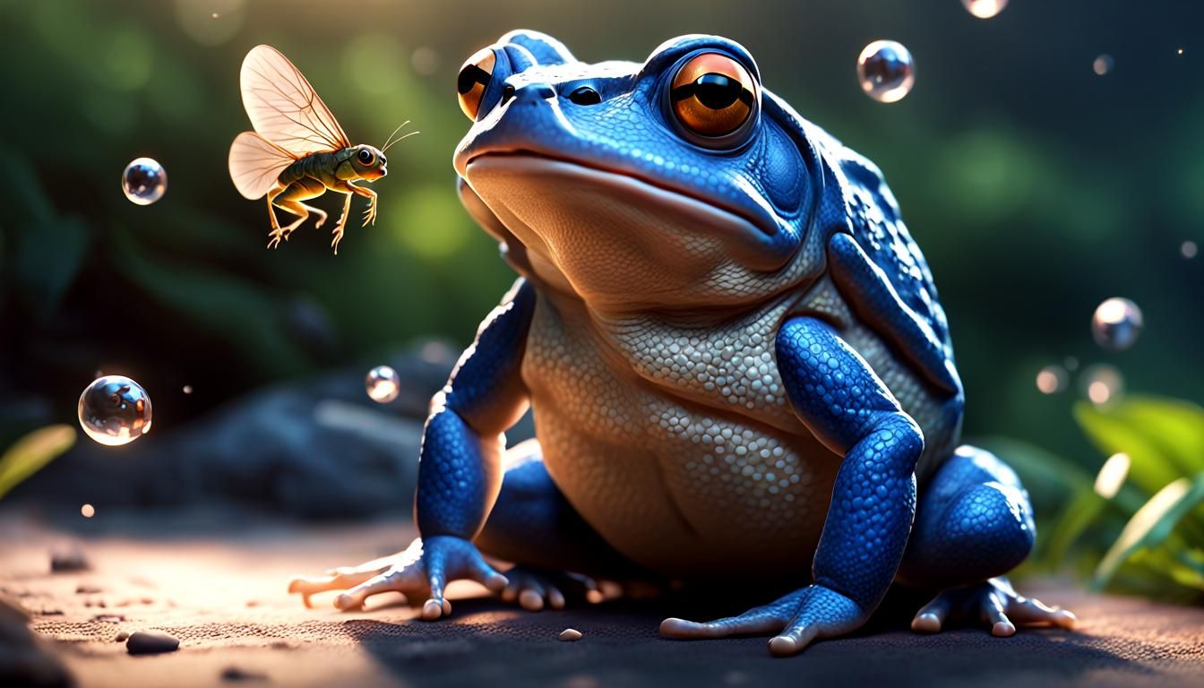 A Disney Pixar style toad, Posing and catching a fly while looking into ...