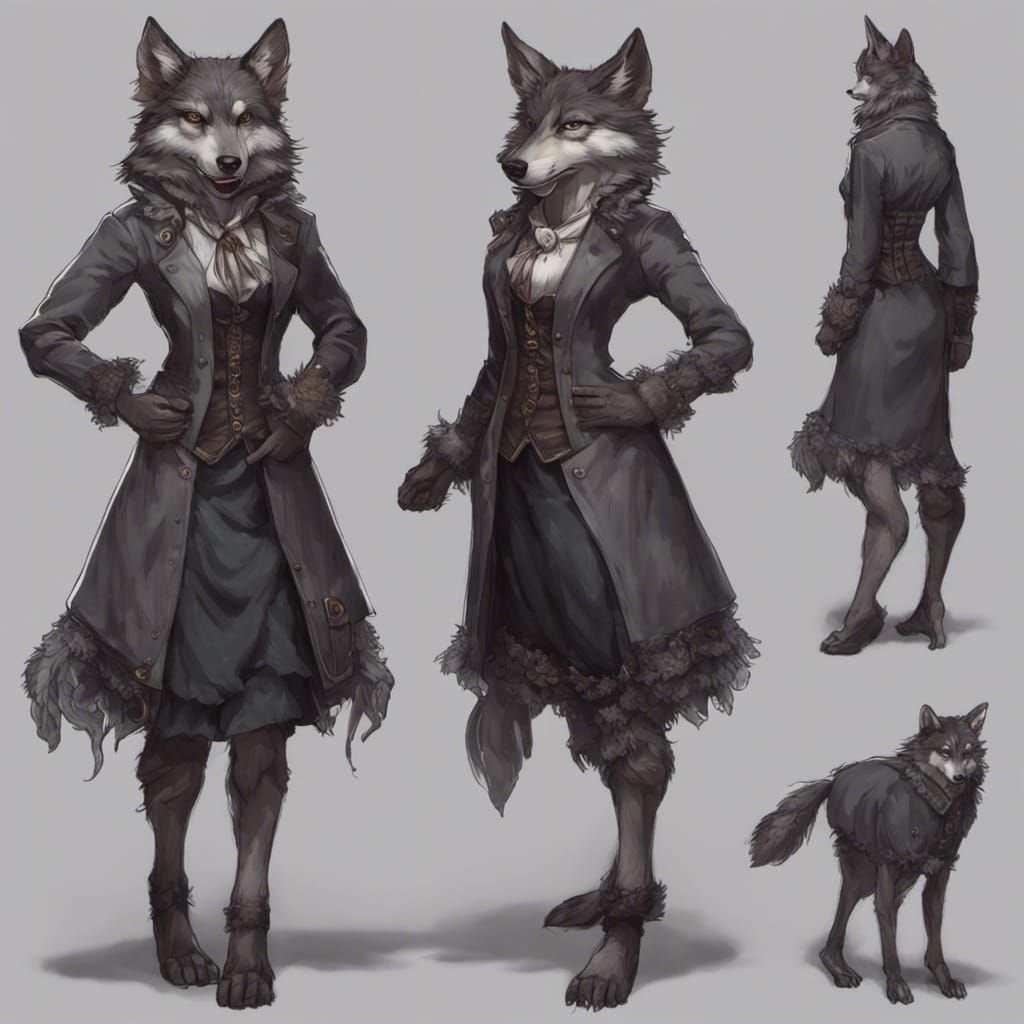 dark grey female bipedal wolf anthro furry enhanced figure victorian ...