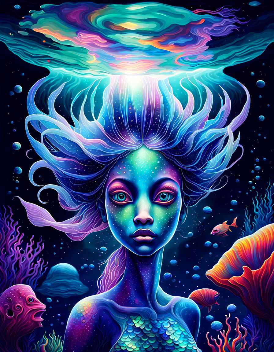 (Hyper detailed dreamy artwork of a beautiful mermaid alien with fins ...