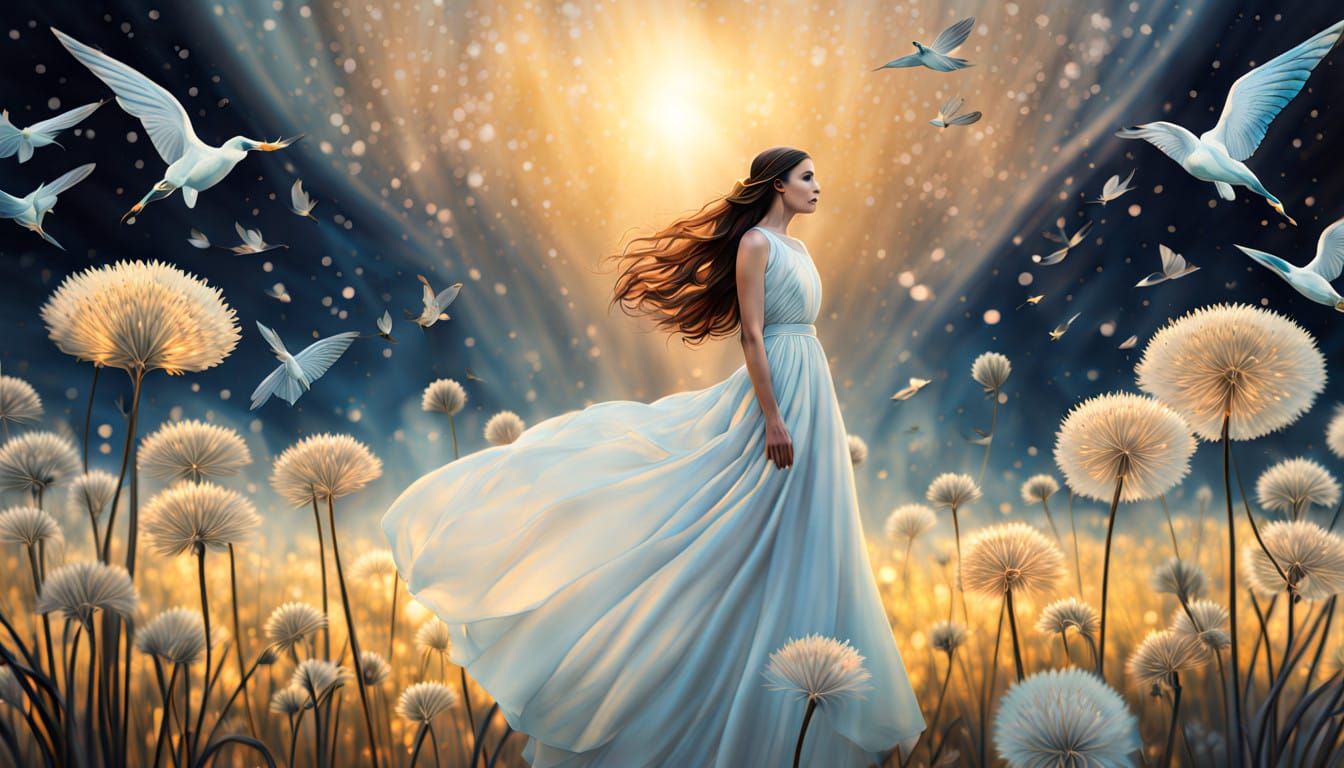 Serene Goddess Among Dandelions in Enchanted Lands... - AI Art