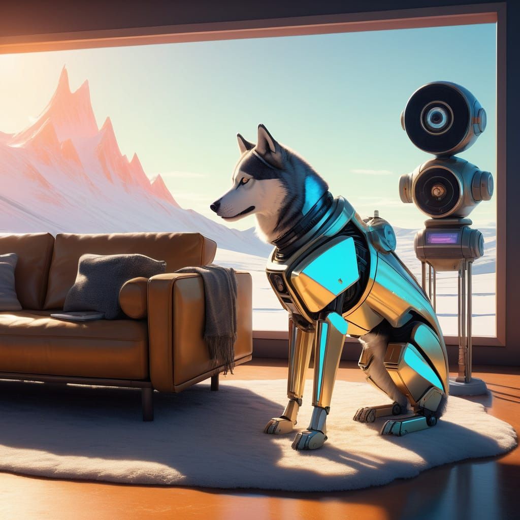 Robot Hugs Husky in Futuristic Home with Nostalgic... - AI Art