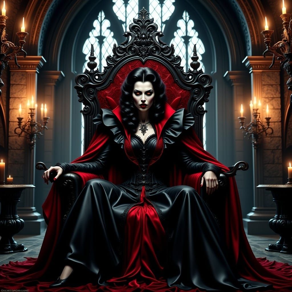 beautiful gothic vampire queen sitting on a throne in a gothic throne room