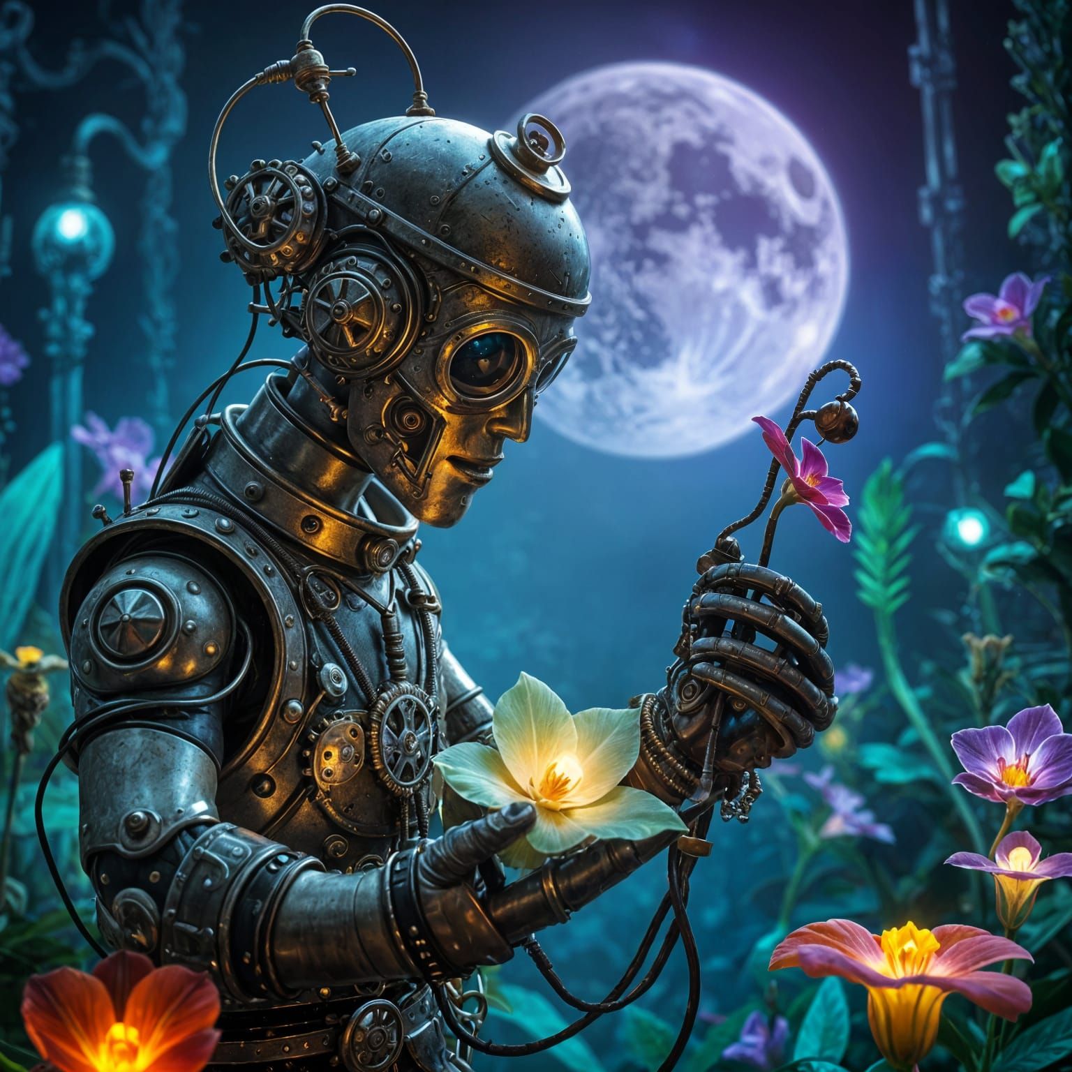 Steampunk Automaton Tends Bioluminescent Garden in... - AI Art