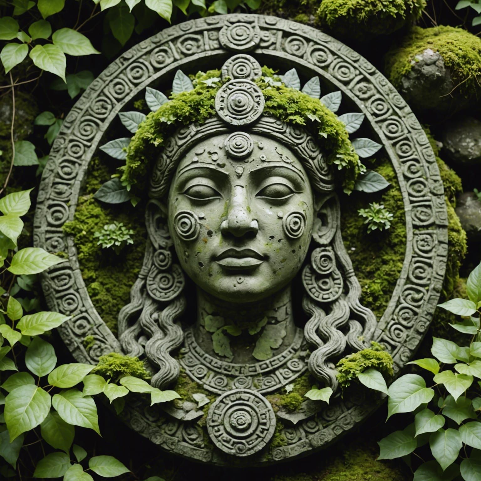 Ancient statue of an aztec moon goddess in stone covered with moss and ...
