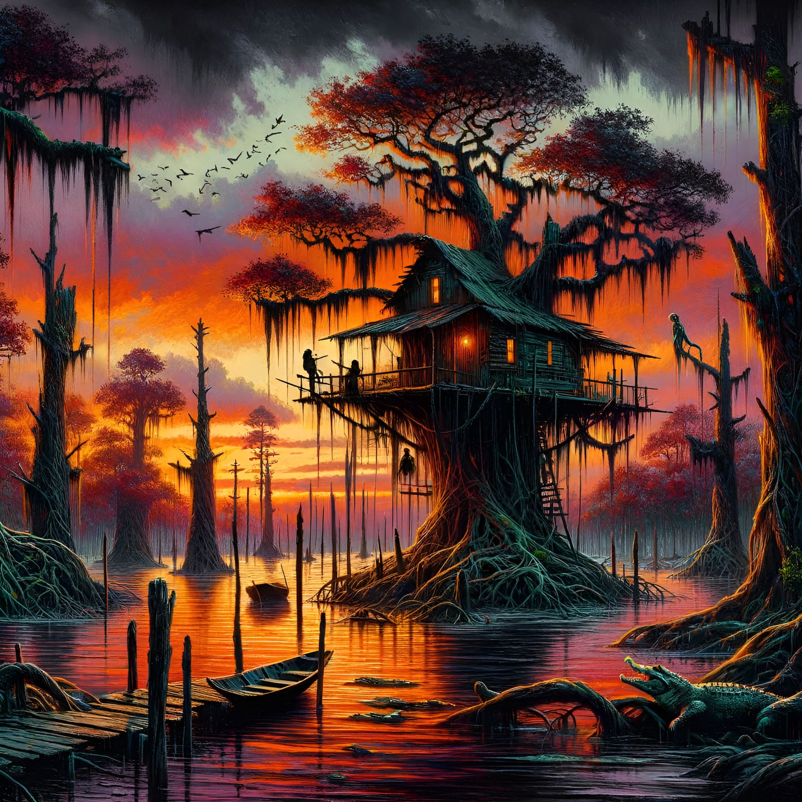 "A tree house in a swamp with a dock and a creepy voodoo feel ...