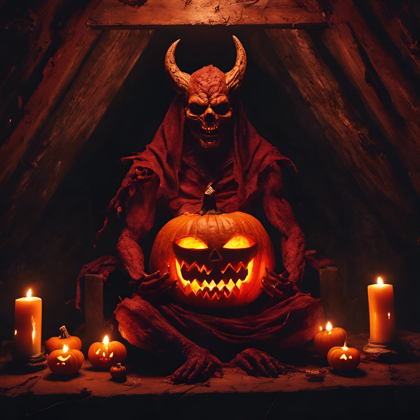 Eerie attic Pumpkin demon god altar. Bloody 4K Halloween - AI Generated ...