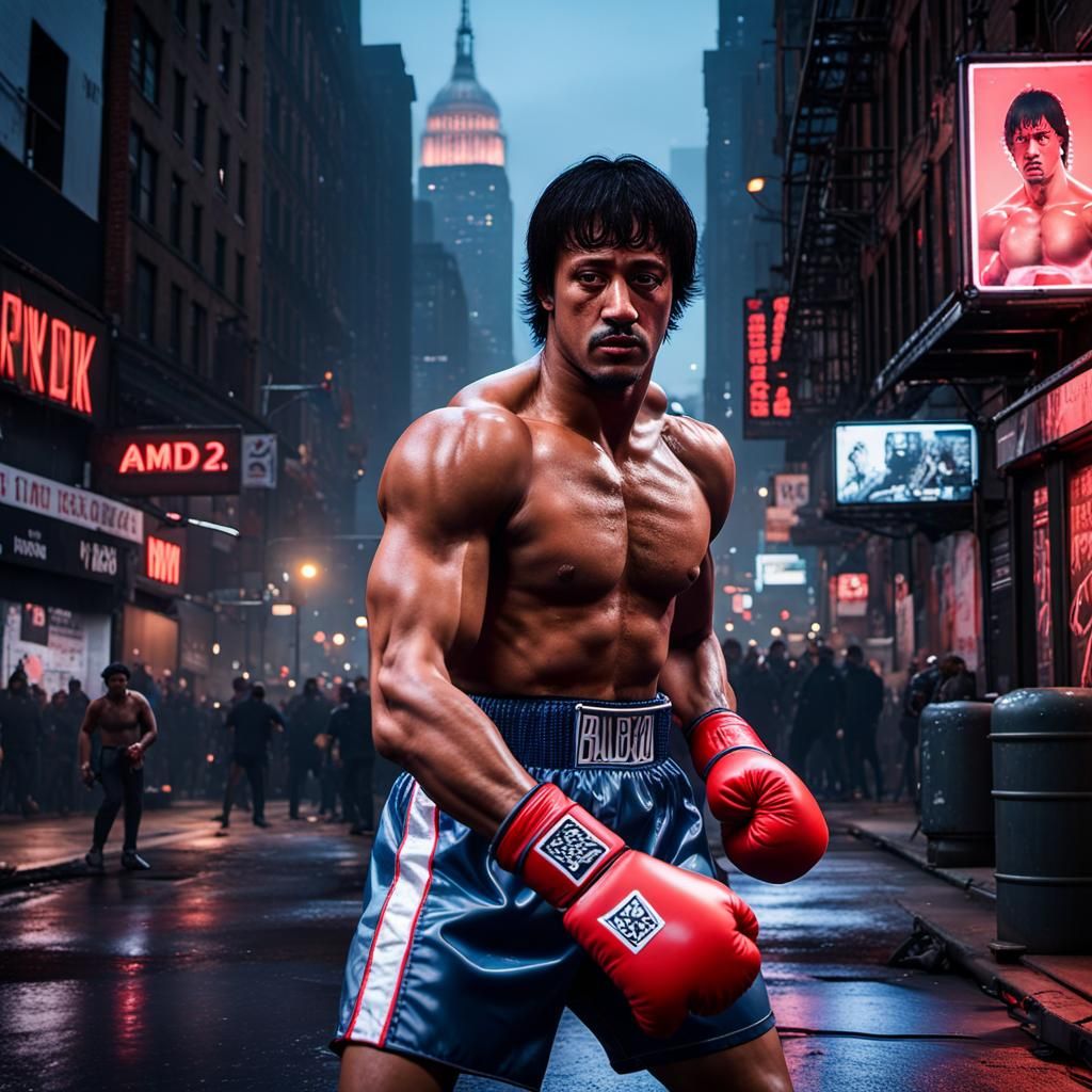 rocky balboa boxing in street new York city lit up under night ,AMD ...