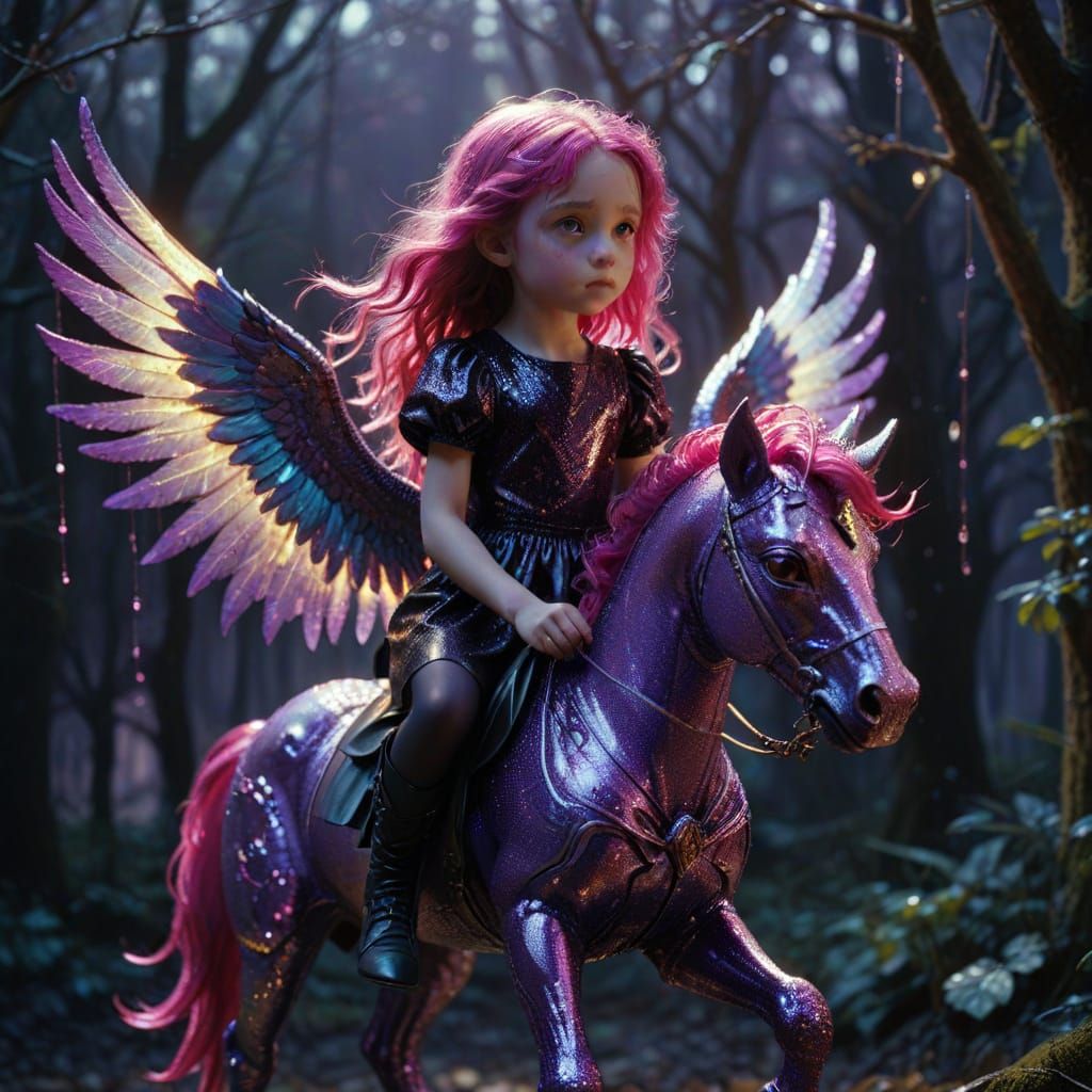 Chibi Girl Soars on Glittery Pegasus in Dark Fanta... - AI Art