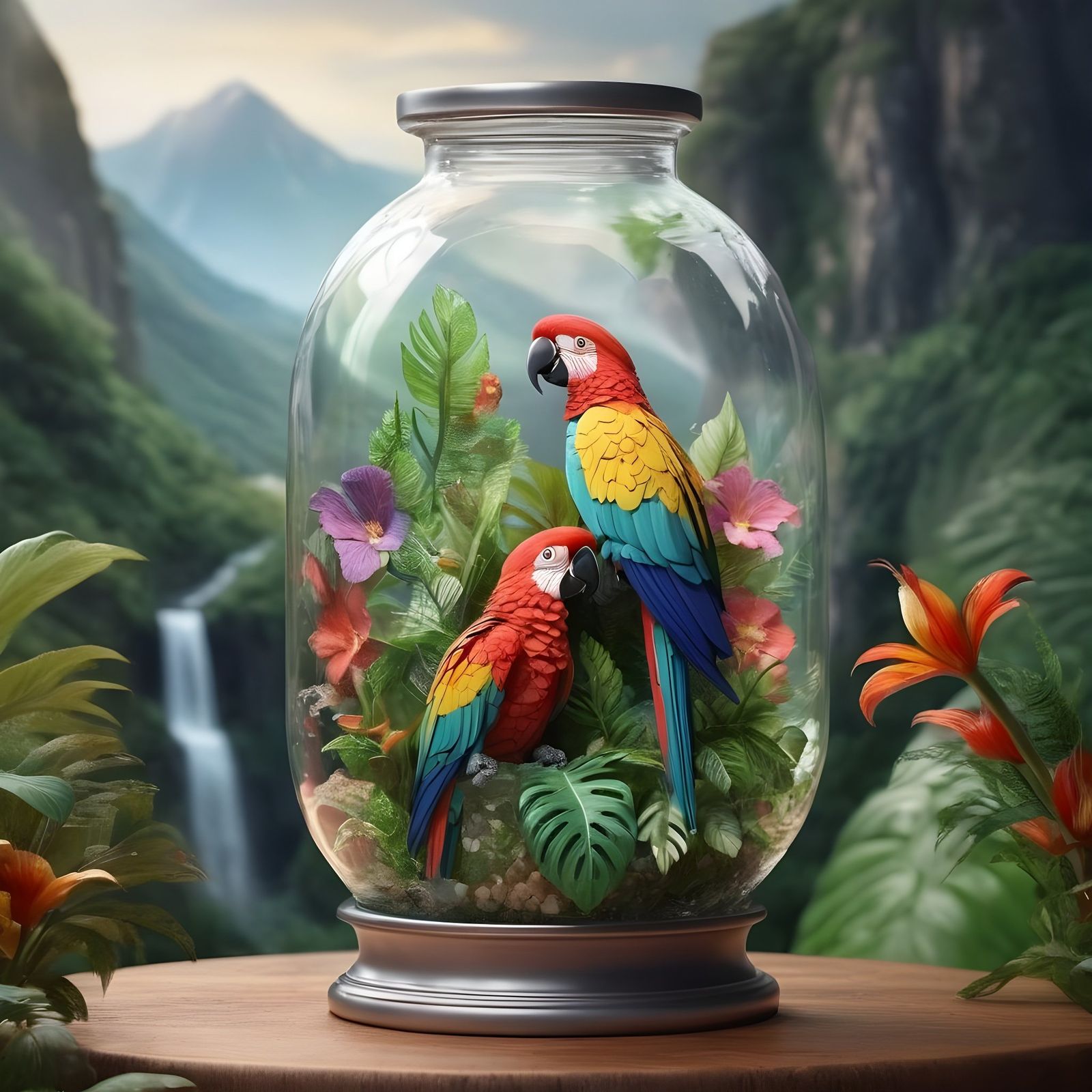 Colorful parrots in a crystal terrarium bottle - AI Generated Artwork ...