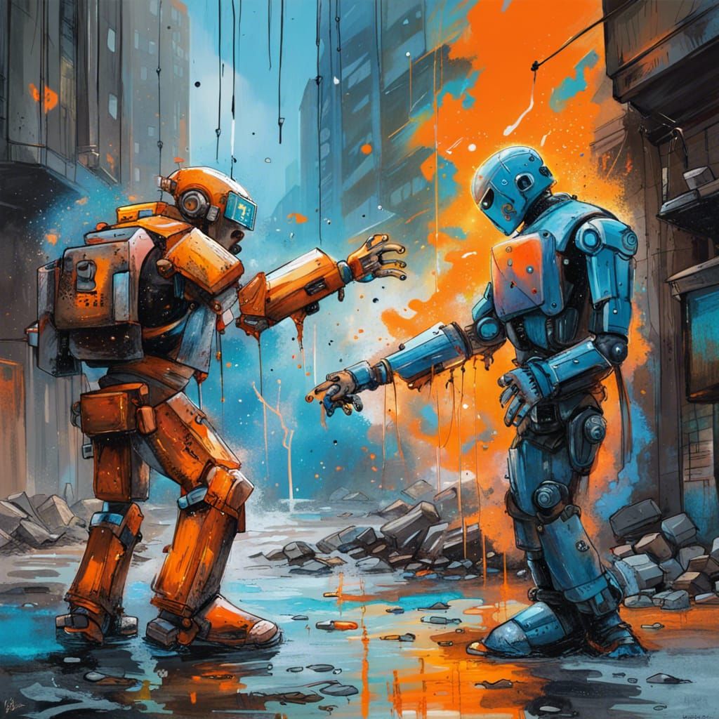 A robot battles a soldier in a post-apocalyptic future. Blue, orange ...
