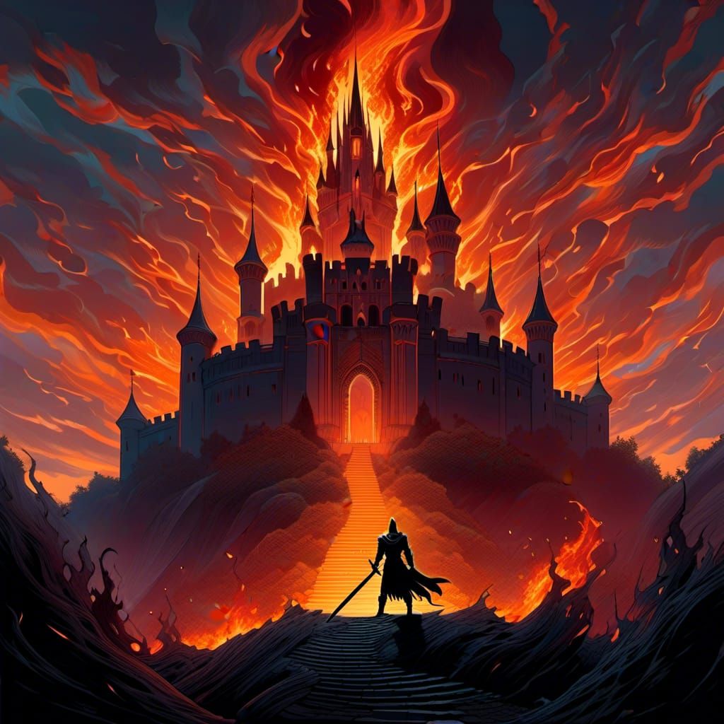 a man with a sword standing in front of a castle, inspired by Dan ...