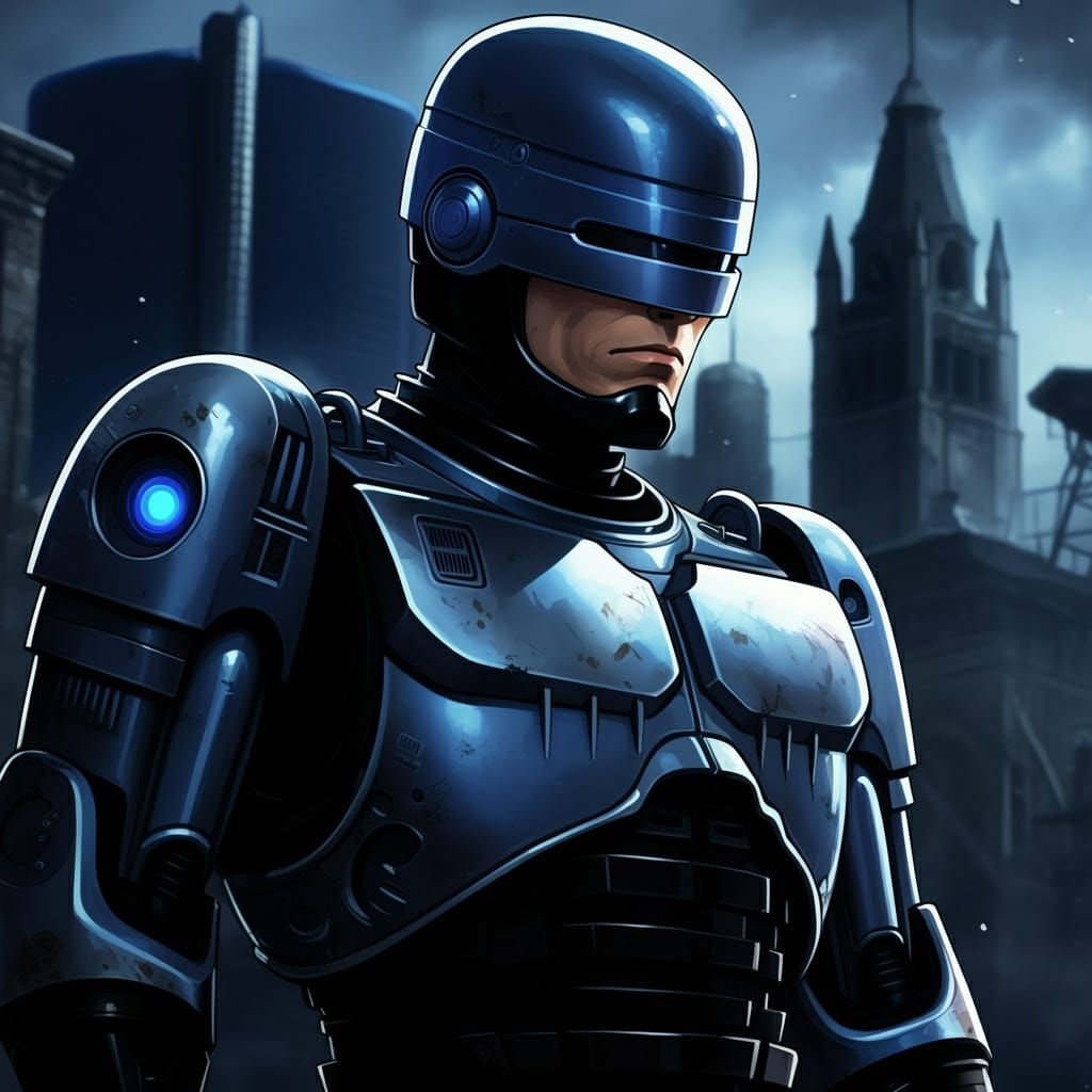 RoboCop from the movie RoboCop patrolling Old Detroit