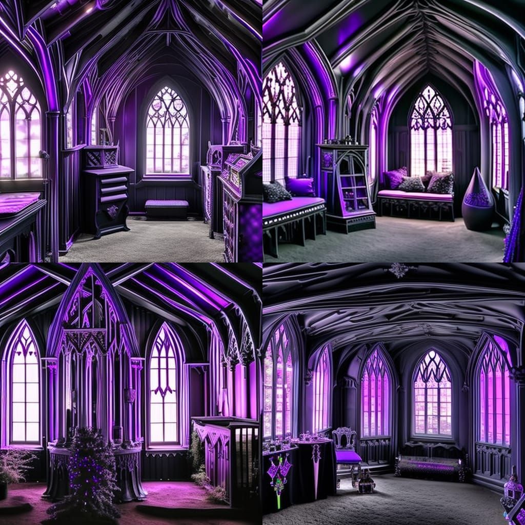 Gothic she shed painted black with purple trimming& decorated with ...