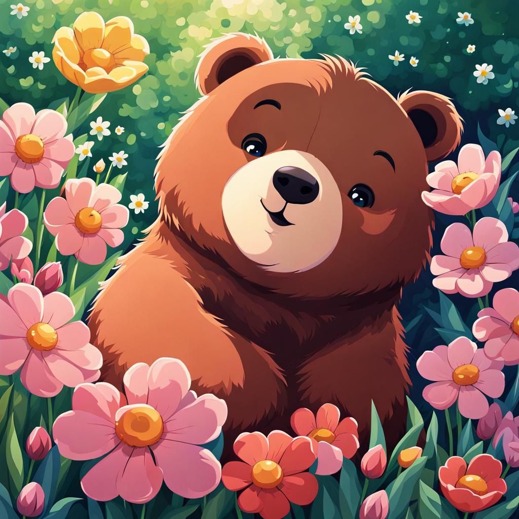 a bear waking up on a spring morning, flowers blooming - AI Generated ...