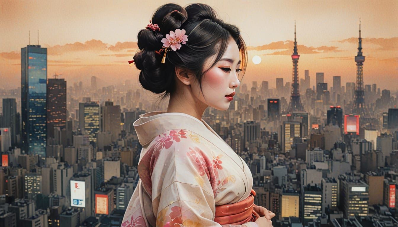 Geisha Standing At A Skyline - Geisha Standing At A Skylin...