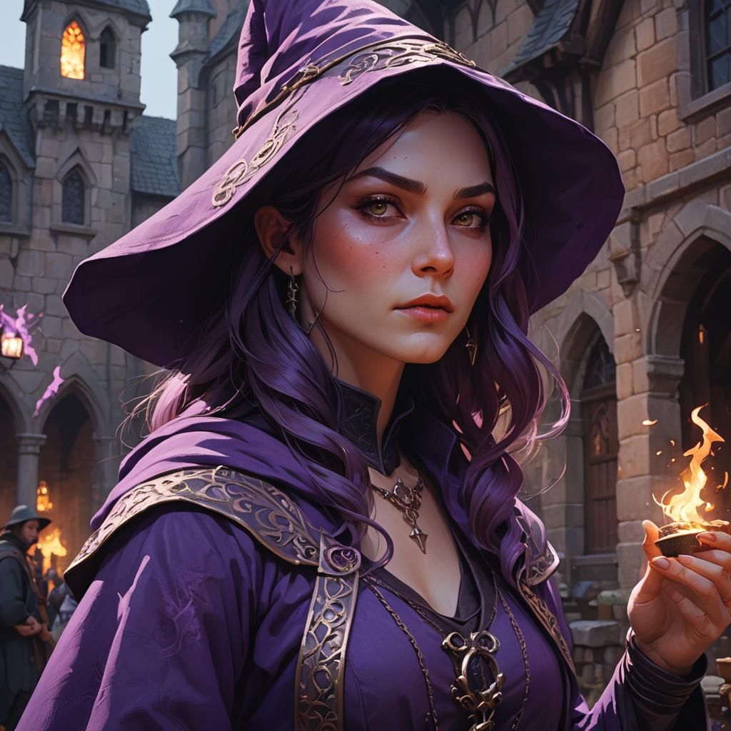 dalcefo, (a medieval witch in purple clothes), 1girl, modelshoot style ...