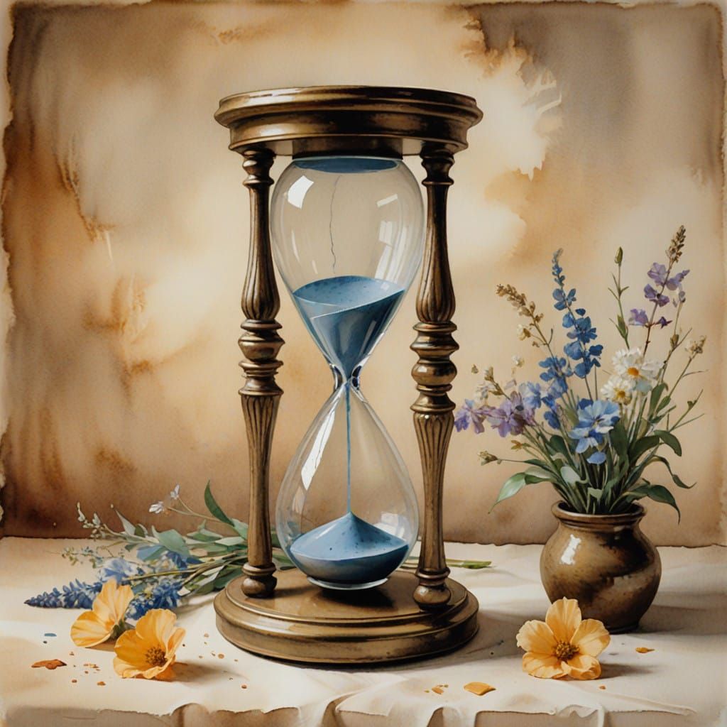 Ethereal Still Life Watercolor of Fading Hourglass... - AI Art