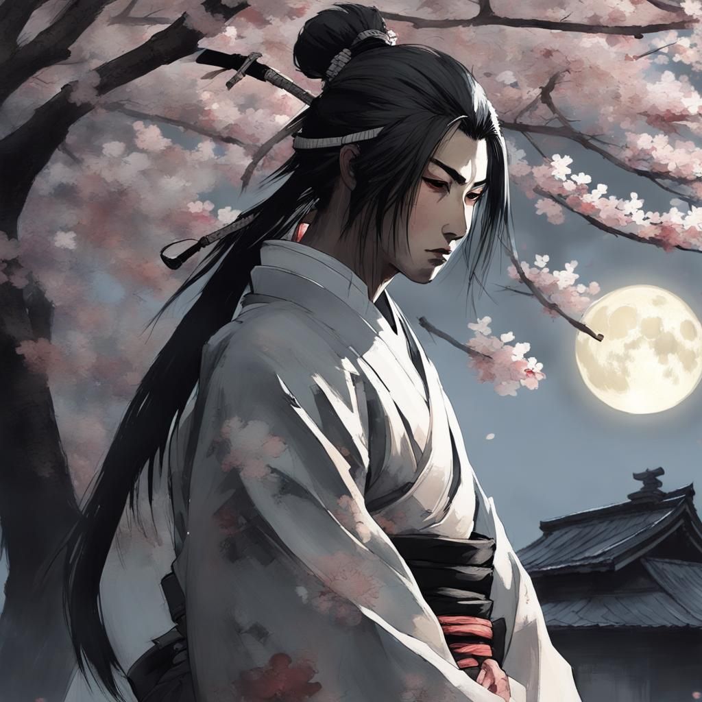 Elegant Ninja Shinobi; Poised Against Full Moon; Soft Lighting, 4K ...