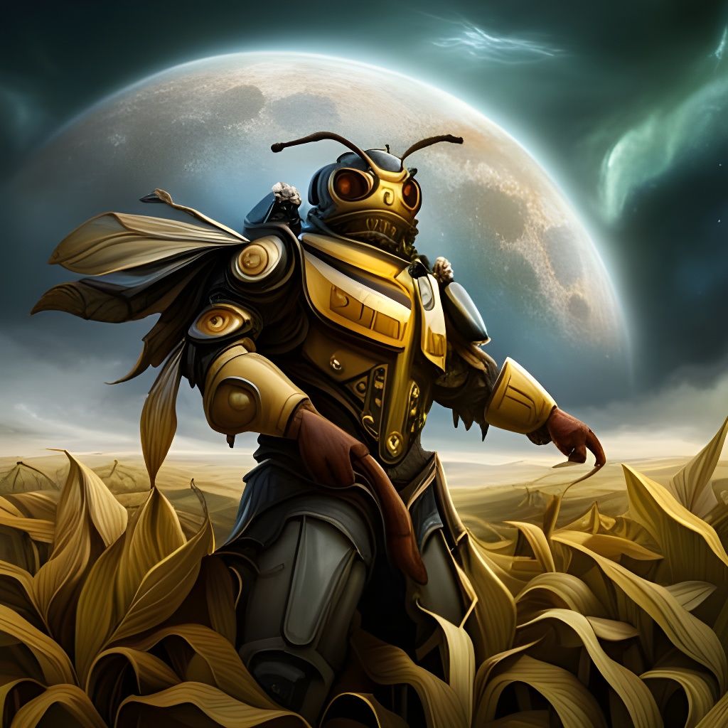 Bumble bee scarecrow in a field of corn, with gears for eyes highly ...