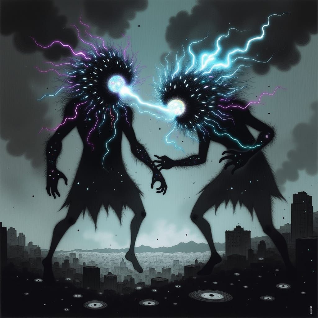 Dark Fantasy Battle with Twisted Lightning Element... - AI Art