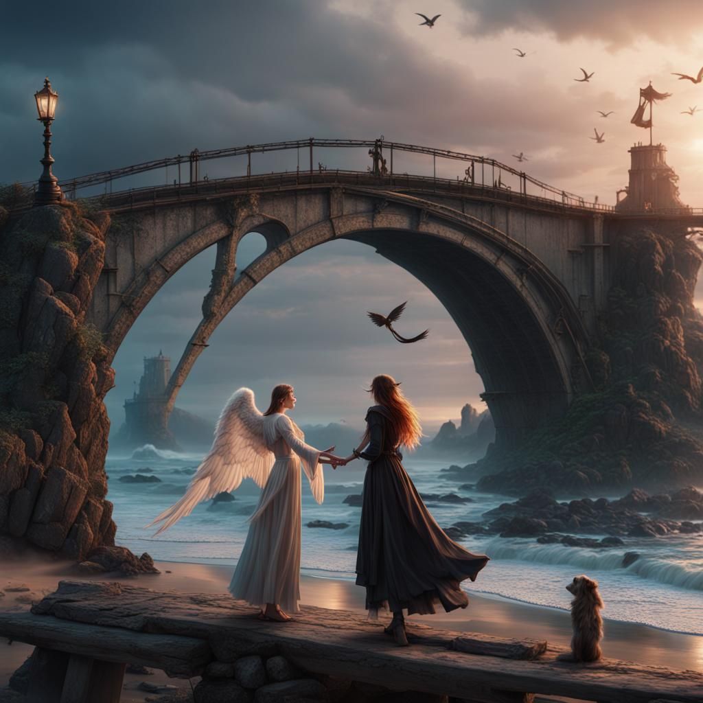 A angel and a beautiful young witch near the beach of the old bridge ...