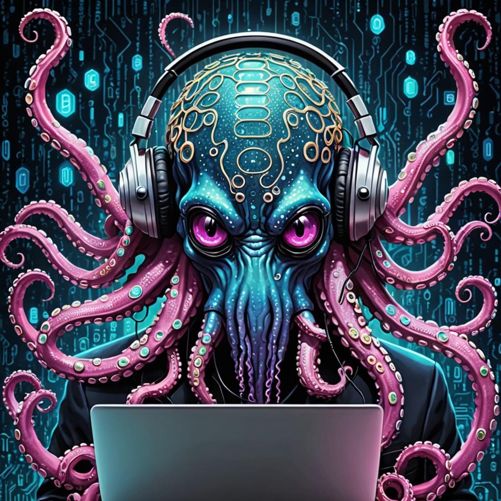 Binary Code Dream psychedelic octopus hacker with headset hologram ...