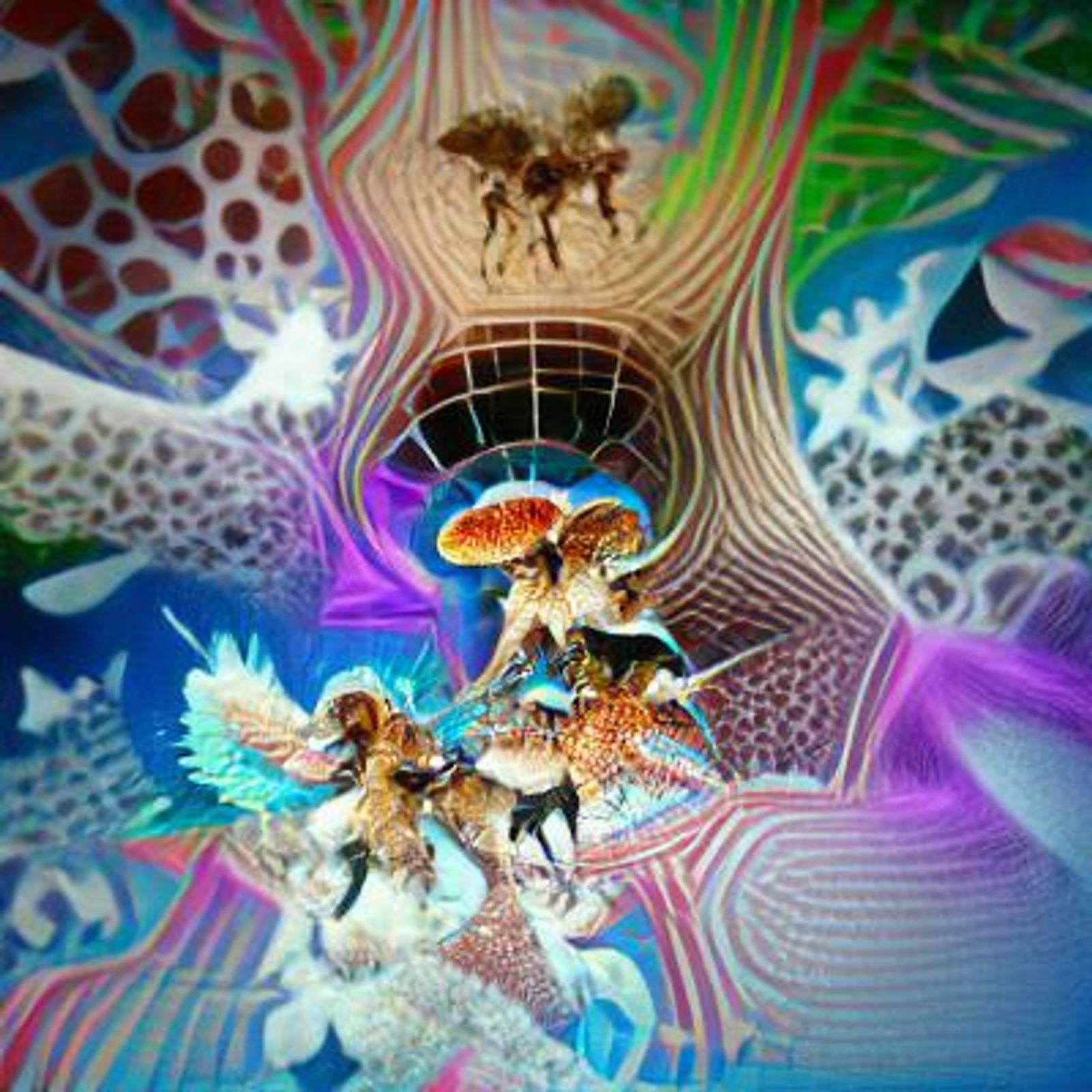 psychedelic Sagittarius angels dancing inside a mushroom house fractal ...