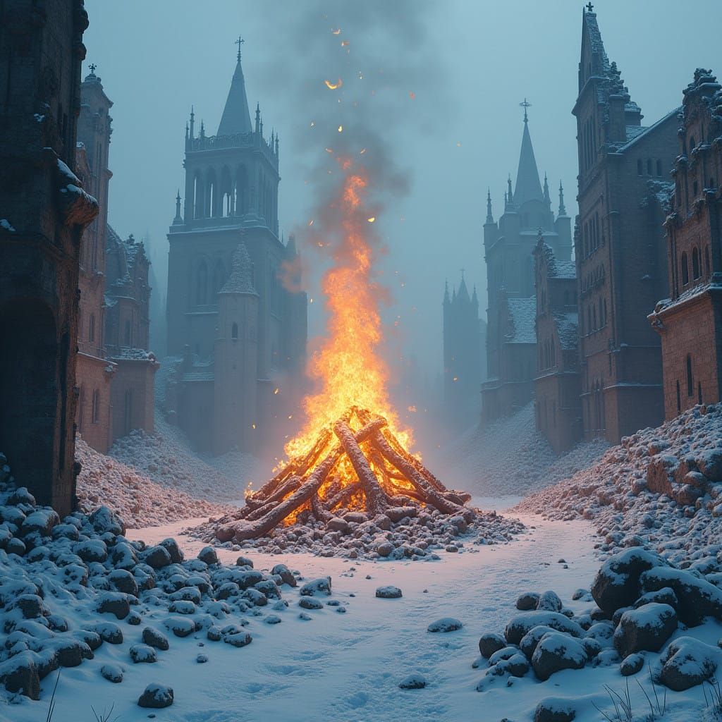 Majestic Funeral Pyre in Ruined Winter Cityscape - AI Art