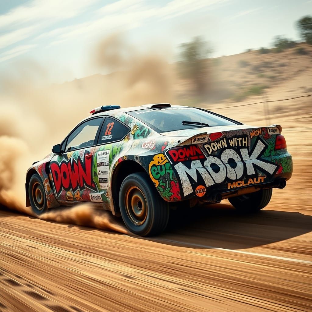 Rally car wrapped in "down with the mook" artwork