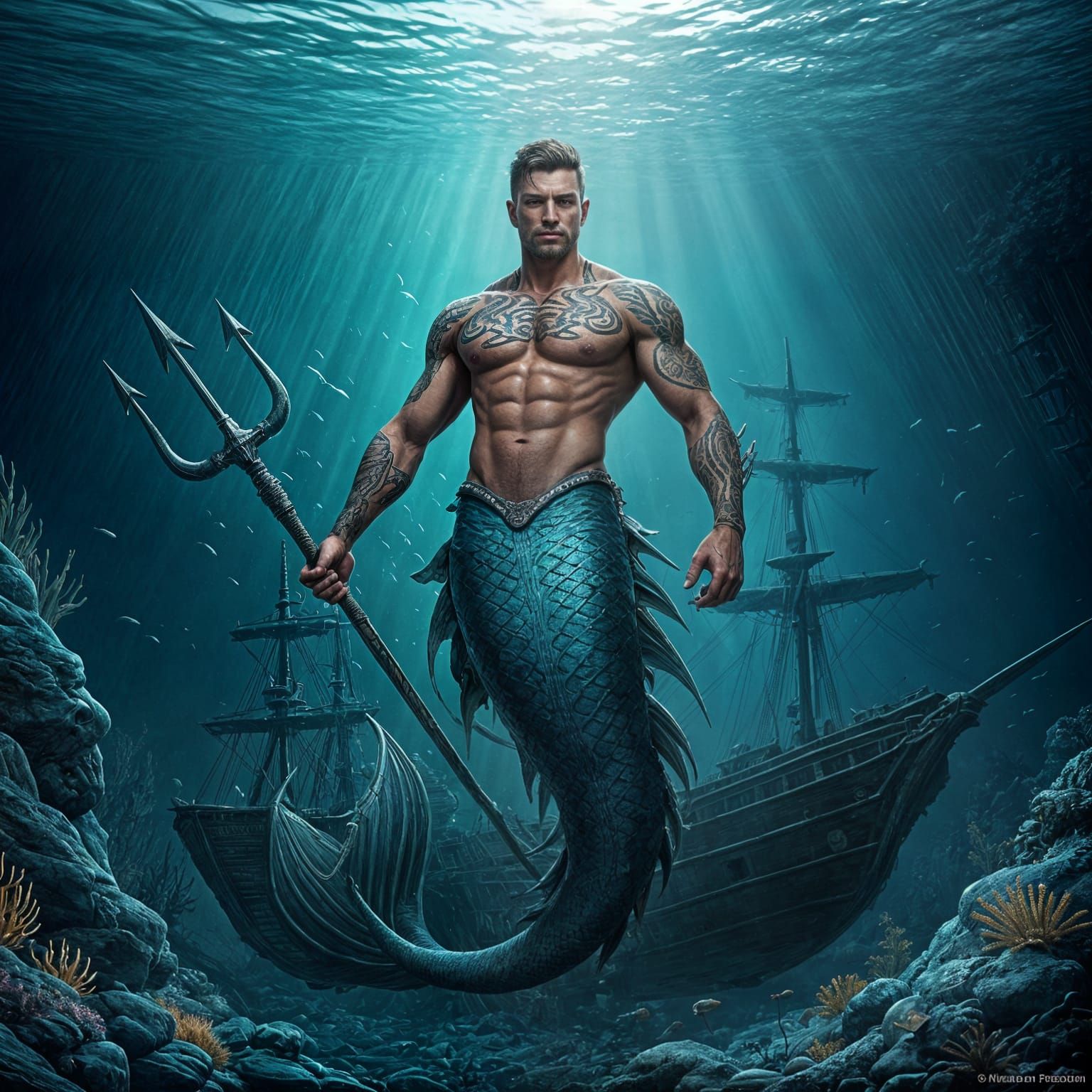 Merman King on Sunken Galleon, Epic Digital Art - AI Art