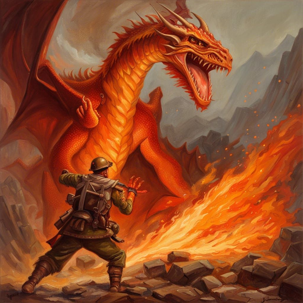 fire dragon attacks a soldier - AI Generated Artwork - NightCafe Creator