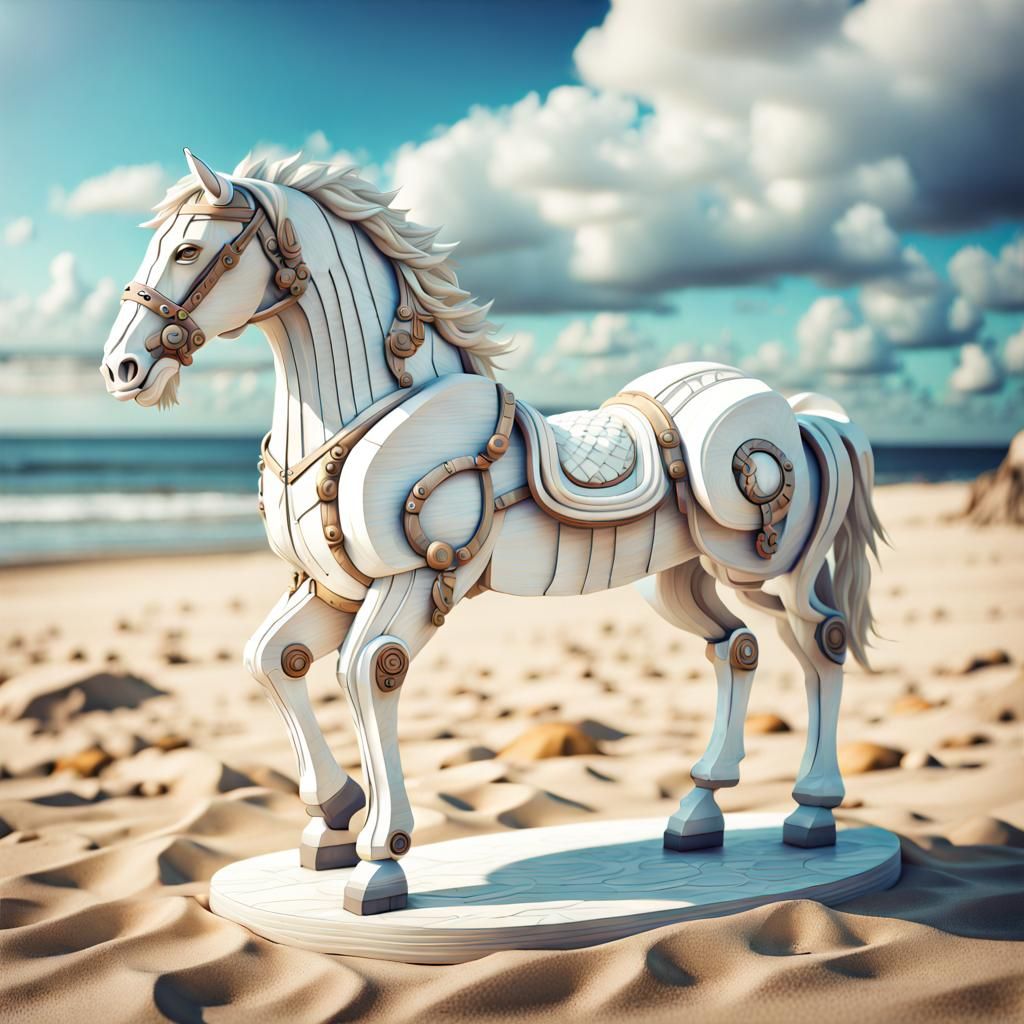 a beautiful white wooden horse sculpture on a beach by automata 8k ...